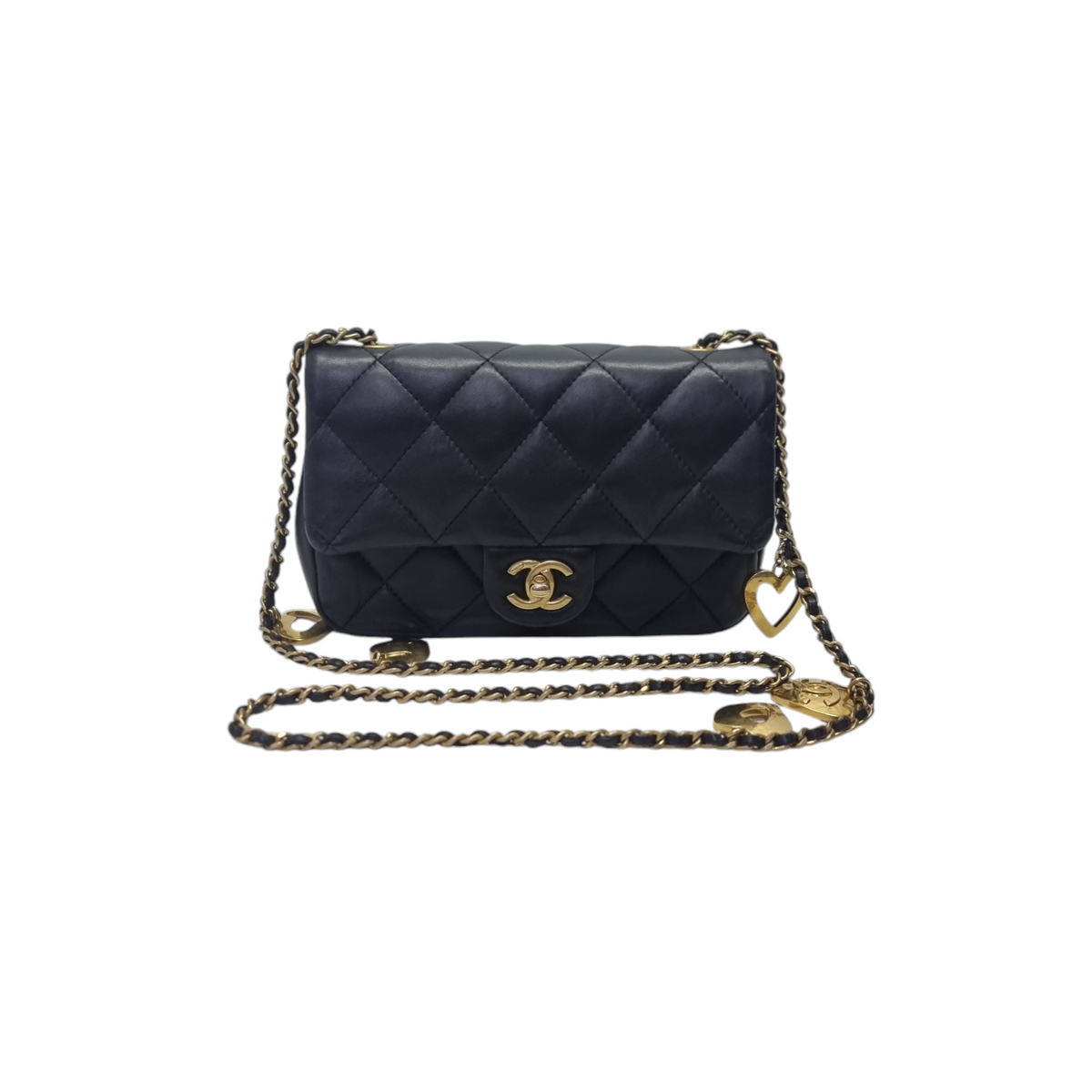Chanel 22B Small Flap Bag with Heart Charms Lambskin Aged Gold Hw (Bla ...